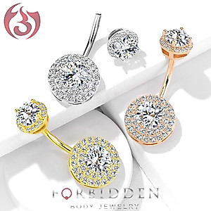 Forbidden Body Jewelry Internally Threaded Surgical Steel Large Double Tier Pave CZ Belly Ring w/Matching Top (Clr/Gold Tone)