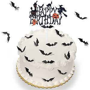 Halloween Happy Birthday Witch Cake Topper with 30 Pieces 3D Bats Cake Decoration Black Glittery Halloween Pumpkin Cake Topper Ghost Cake Picks for Birthday Halloween Party Supplies