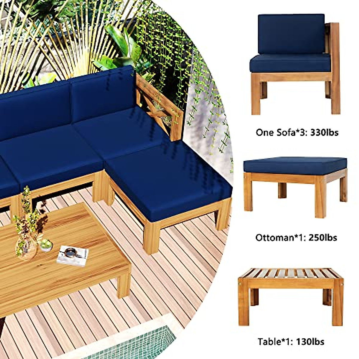 Goohome 5-Piece Wood Furniture Set, L-Shaped Outdoor 3-Seater Sectional Sofa Seating Group ConversationSets with Coffee Table and Water-Resistant, Patio, Backyard, E-Natural Finish+ Blue Cushions