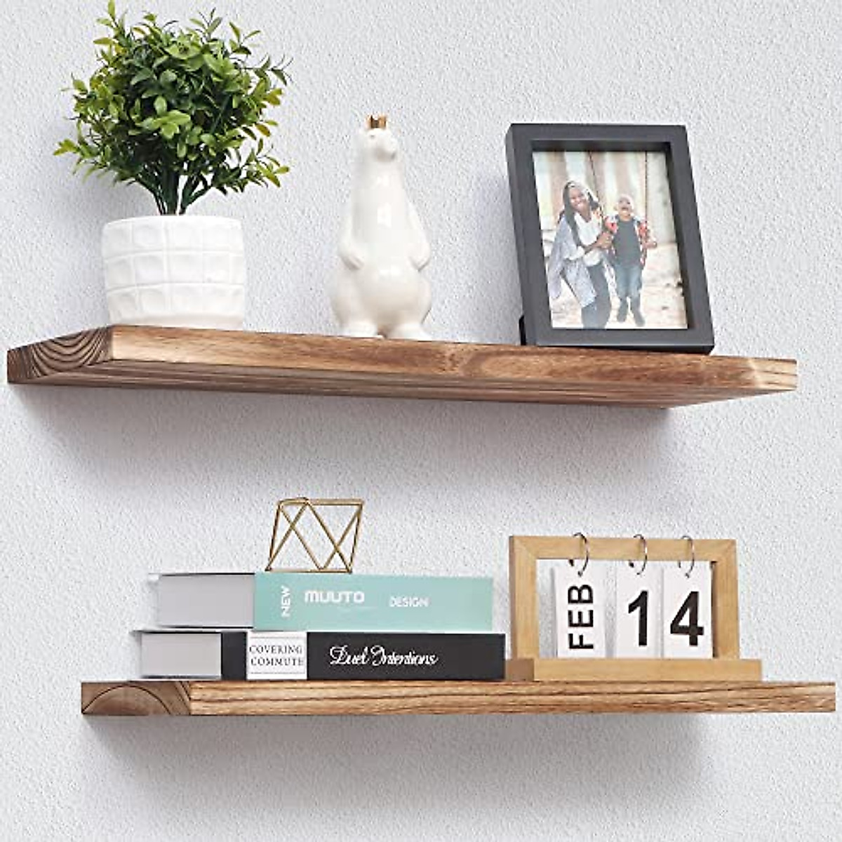 Floating Shelves, 24 Inch Wall Shelf Set of 2, Rustic Wood Shelves for Wall Storage, Wall Mounted Wooden Display Shelf for Bathroom Bedroom Kitchen Garage, Carbonized Black