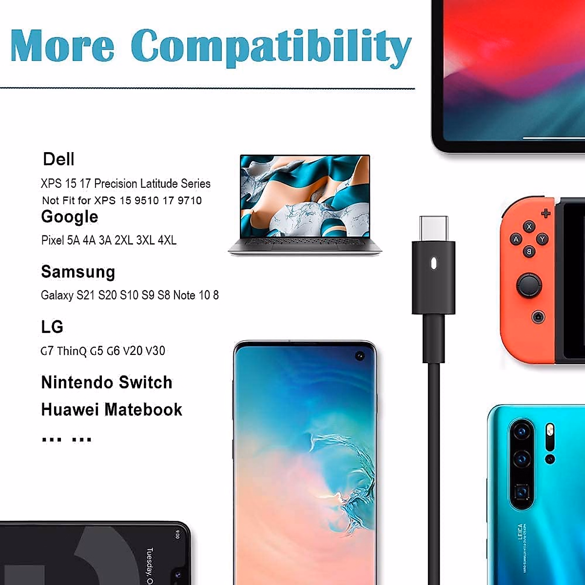 65W Type C Power Adapter Charger for Dell Latitude 12 13 5179 5285 5289 5290 5295 5590 5300 7569 7490 7480 7400 7370 7390 E7370, 2-in-1 Series 7400 7391 7390 5290