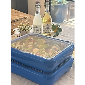 Fancy Panz Premium Dress Up & Protect Your Foil Pan, Made in USA. Hot/Cold Gel Pack, One Half Sized Foil Pan & Serving Spoon Included. Stackable for easy travel. (Denim Blue)