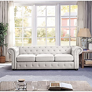 Corvus Aleksis Tufted Chesterfield 3-Seater Sofa with Rolled Arms Dark Grey Wood, Fabric Nailheads, Removable Cushions
