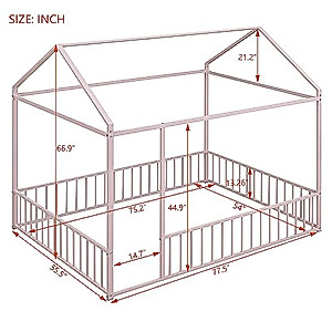 HBRR Full Size Montessori House Bed for Kids, Metal Floor Beds with Fence Railings & Roof, Full Playhouse Bed for Boys Girls, Box Spring Needed, Pink