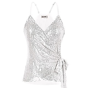 GRACE KARIN Sequin Top Sleeveless Party Camisole Tank Vest V Neck Ruched Tie Waist Silver White Dressy Tops L