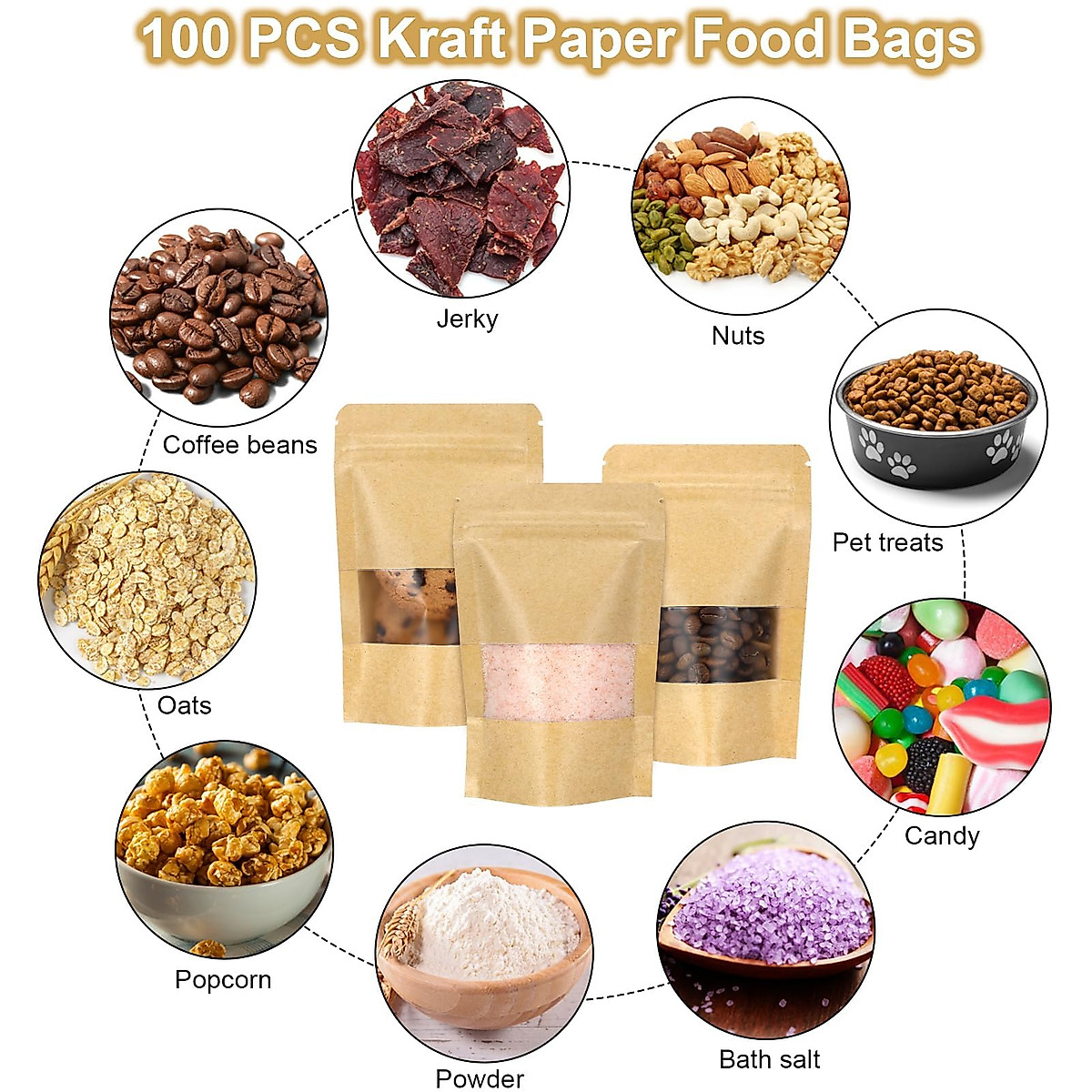 Stand Up Pouch Bags, 100 Pack Kraft Pouch with Tear Notch and Matte Window, Resealable Zip Lock Food Storage Bag (5.5IN X 7.9IN)