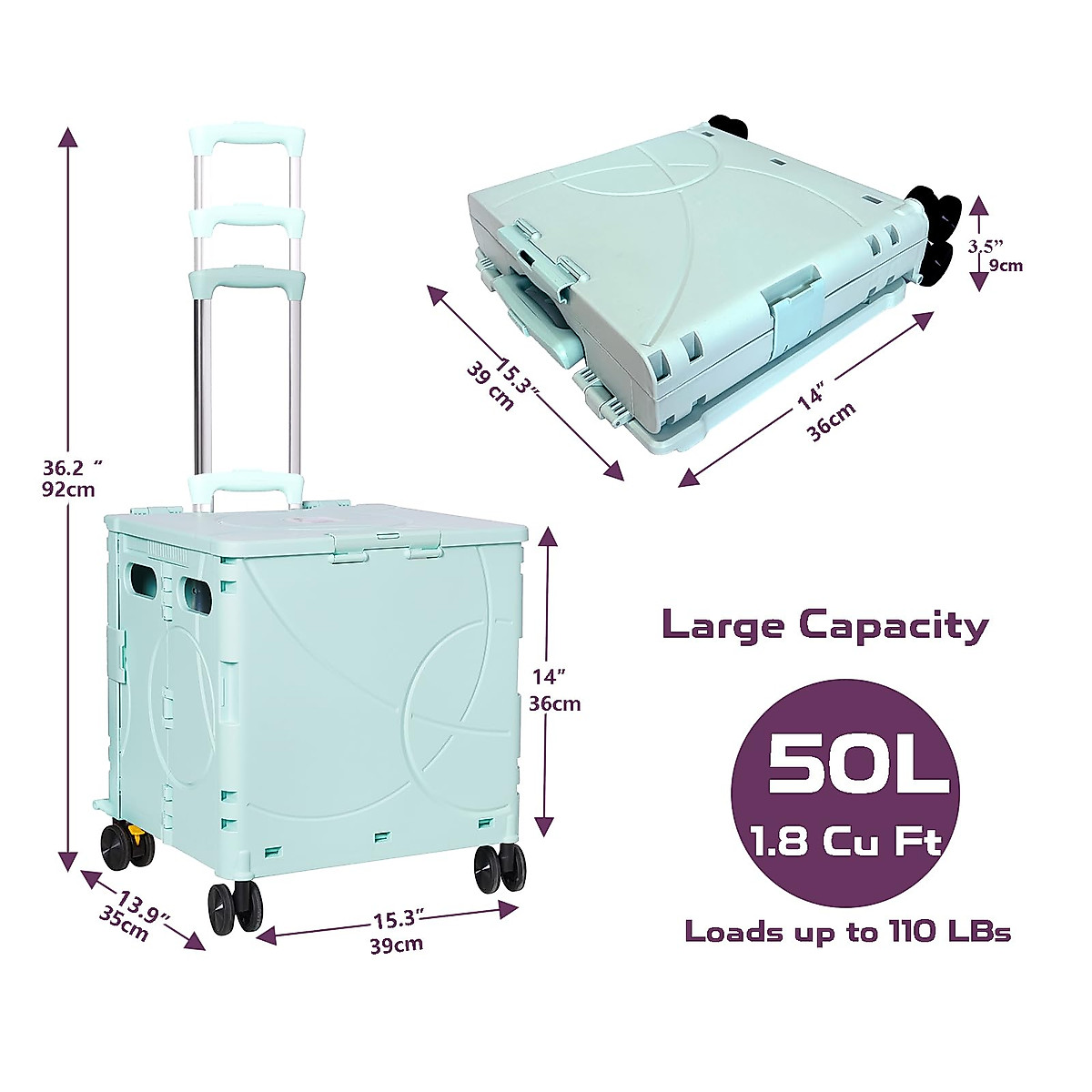 Kutatek Foldable Utility Cart, Collapsible Rolling Crate, 4 Universal Wheels with Two Brakes, Never-Lost Hinged Lid, Telescopic Handle for Home, Grocery, Office, School, Camping use (Mint, 1.8 Cu Ft)