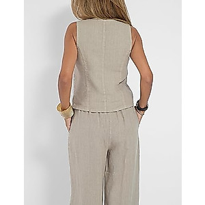 Perbai Womens V Neck Sleeveless Crop Vest Wide Leg Pants Sets 2 Piece Blazer Suits Summer Matching Sets(Beige-S)