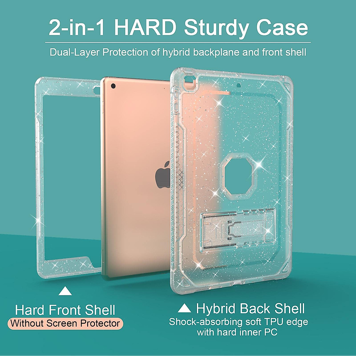 ZoneFoker for iPad 9th Generation Case, for iPad 8th/7th Generation 10.2 inch Case 2021/2020/2019,Clear Glitter Slim Shockproof Hard iPad 9 8 7 Gen Cute Cover with Stand for Kids/Girls/Women