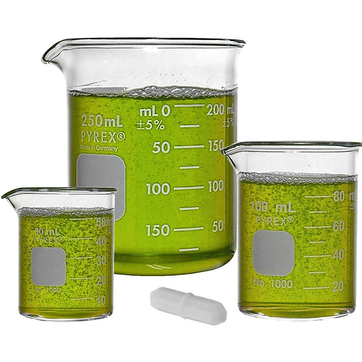 Corning PYREX #1000 Griffin Low Form, Glass Beaker Set with Magnetic Stir Bar - 3 Sizes - 50ml, 100ml, 250ml