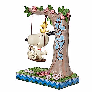 Enesco Jim Shore Peanuts Snoopy and Woodstock on Swing 8 Inch Tall Figurine 6011961, Multicolor
