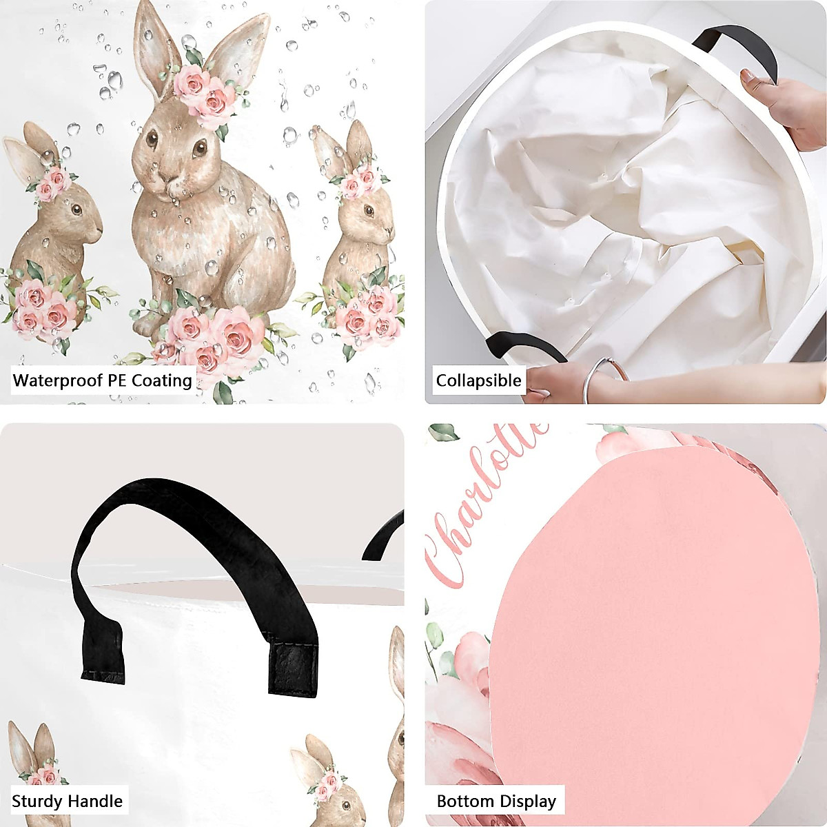 Personalized Laundry Basket Hamper,Floral Bunny Rabbit,Collapsible Storage Baskets with Handles for Kids Room,Clothes, Nursery Decor