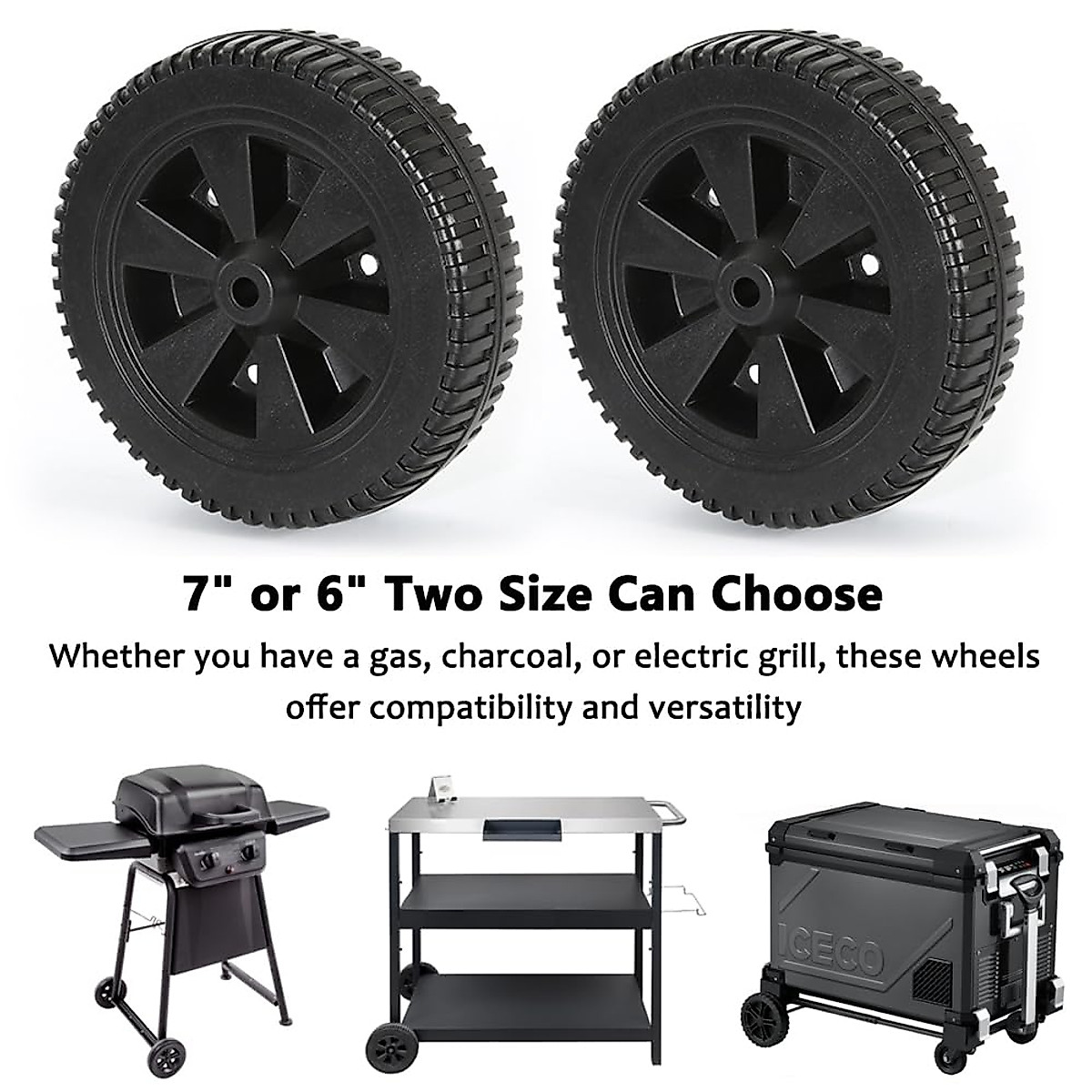 SHINETEC Grill Wheels Replacement Parts for BBQ, Charbroil, Rolling Dining Table - Garden Patio Kitchen Food Prep Cart Accessories, 2 Pcs (7 inch)