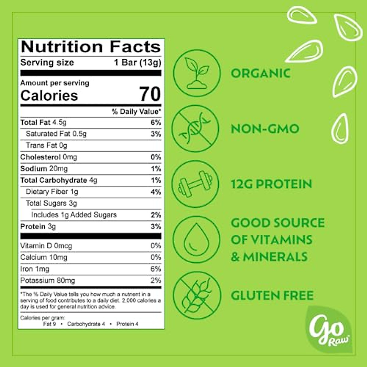 Go Raw Organic Sprouted Pumpkin Seed Bars, 10 Count, Sea Salted, Keto, Superfood