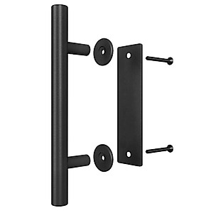 Ranbo Heavy Duty 12" Pull and Flush Barn Door Handle Set, Large Rustic Two-Side Design, for Gates Garages Sheds Furniture, Black Powder Coated Finish, Round