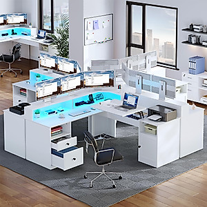 YITAHOME L Shaped Desk with Drawers, 60” Computer Desk with Power Outlets & Lift Top, Home Office Desk with File Cabinet & LED Lights, Height Adjustable Desk, White