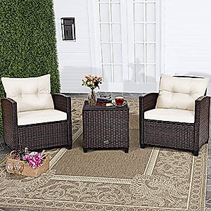 HAPPYGRILL 3 Pieces Patio Conversation Set Outdoor Rattan Wicker Bistro Sofa Set Patio Furniture Set with Washable Chair Cushions and Tempered Glass Top Coffee Table, White
