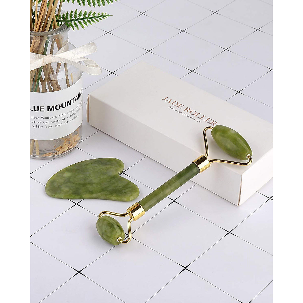 Jade Roller for Face, Jade Roller and Gua Sha Set, EUASOO 100% Real Natural Beauty Jade Facial Roller Massage Tool for Face Eyes Neck Body – Anti Aging Beauty Treatment