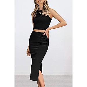 PRETTYGARDEN Women's 2 Piece Summer Outfits Crewneck Tank Tops Split Bodycon Midi Skirt Set (Black,Small)