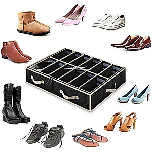 Anyoneer Set of 2 Under Bed Shoe Storage Organizer,Sturdy Structure,Adjustable Dividers,Reinforced Handle,Sturdy Zipper,Fits 24 Pairs Total,Underbed Storage Solution with Clear Window,Breathable,Black