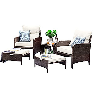 Shintenchi 5 Pieces Outdoor Wicker Patio Furniture Set,All Weather PE Wicker Rattan Patio Conversation Set with Cushioned Patio Lounge Chairs, Ottoman Underneath Set, Table for Lawn, Pool, Balcony