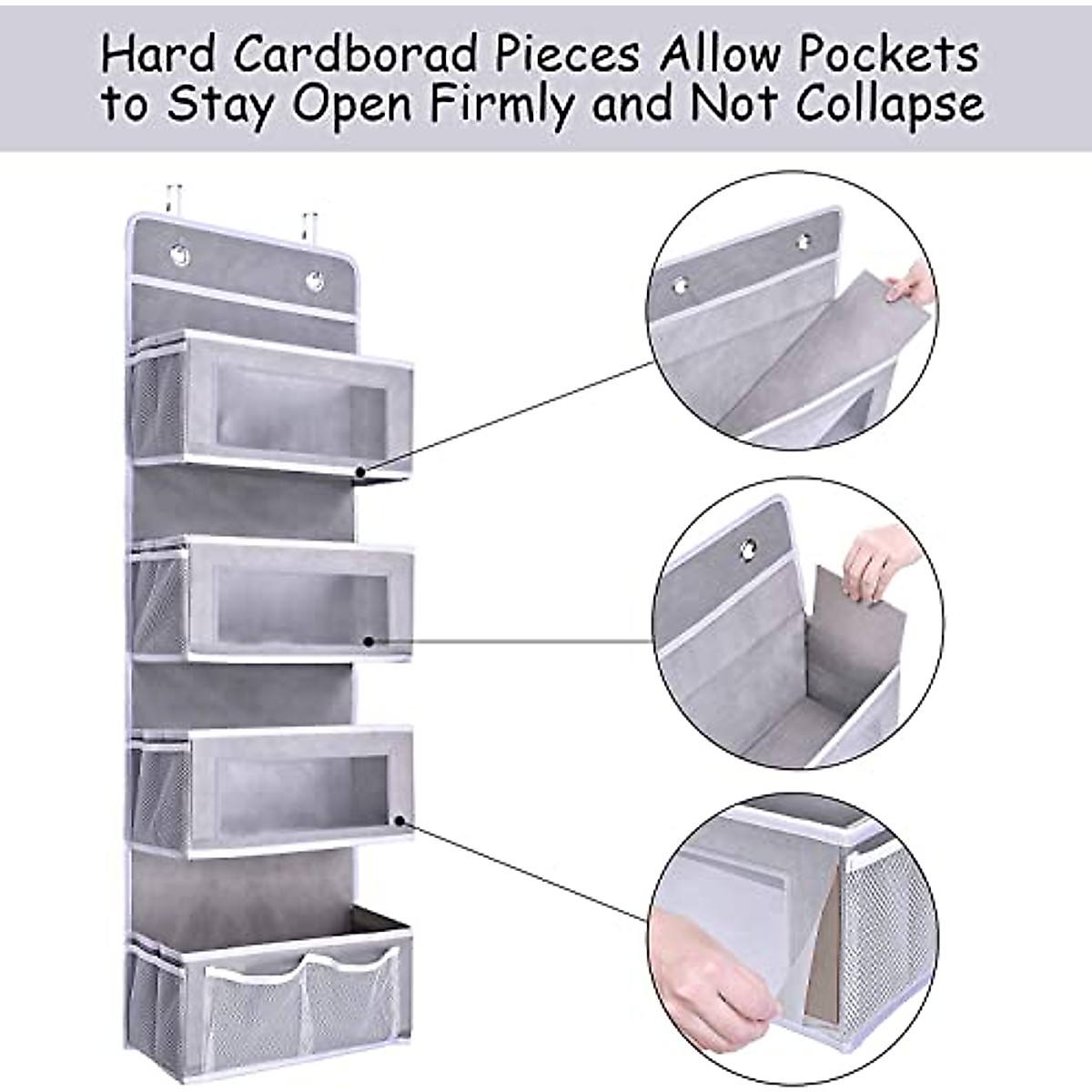 ULG Over the Door Bag Organizer Hanging Fabric Storage Organization with 4 Spacious Pockets, 10 Mesh Pockets, 2 Mounted Hangers, Great for Pantry Closet Bedroom Nursery Dorm Organizing-Grey
