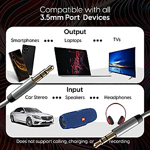 TALK WORKS Aux Cable 3.5mm Audio Cord for Car - 6ft Long Heavy-Duty Male to Male Jack Extension & Adapter Aux Cord for iPhone, Android, Samsung Galaxy, Headphones, Slate - 2 Pack