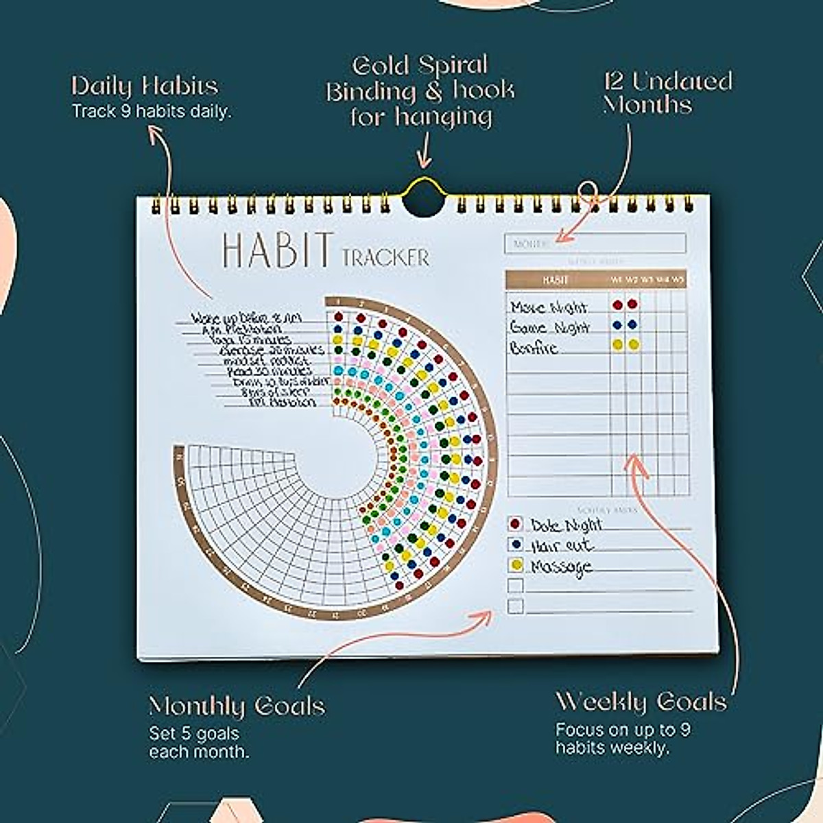 Boho Style Habit Tracker Journal and Goal Planner | Great Productivity Tool and Habit Journal - Motivational Workout Journal | Hang with Spiral Binding Workout Planner - Display on Workout Calendar
