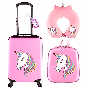 Sanwuta 4 Pieces Unicorn Luggage for Girls Pink Travel Rolling Suitcase with Wheels Kids Luggage Set with Backpack Neck Pillow Name Tag