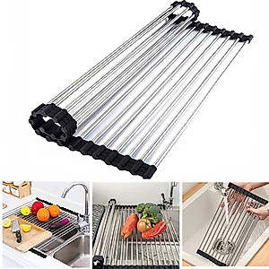 Fafcitvz Stainless Steel Roll Up Dish Rack Over The Sink Roll Out Dish Drying Rack for Kitchen Dishes,Cups