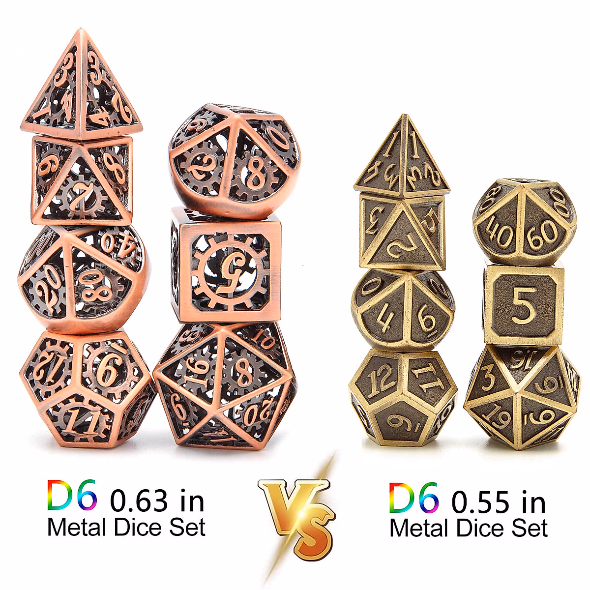 Metal Dice Set D&D, Dungeons and Dragons Dice Set,Hollow Out Retro Number Rainbow Unique Polyhedron Game RPG DND Metal Dice Set, Ancient Red Copper-24, Small