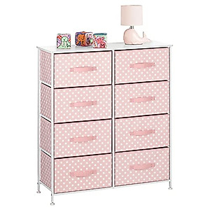 mDesign 38.31" High Steel Frame/Wood Top Storage Dresser Furniture, 8 Fabric Drawers, Large Bureau Organizer for Baby, Kid, Teen Bedroom, Nursery, Playroom, Dorm, Pink/White Polka Dot