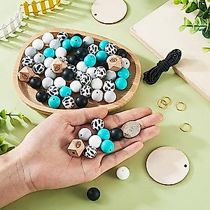 Boutigem 76pcs Cow Printed Round Silicone Beads Soft Rubber Beads for Keychain Making Wood European Beads & Big Pendants for Wristlet Phone Lanyard Pen Jewelry Making DIY Craft