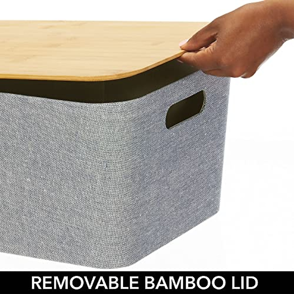 mDesign Fabric Basket with Lid - Stacking Decorative Storage Bin Box with Bamboo Lid Cover for Closet, Bedroom, Living Room or Office - Holds Clothing, Linens, and Accessories, 4 Pack, Navy Blue