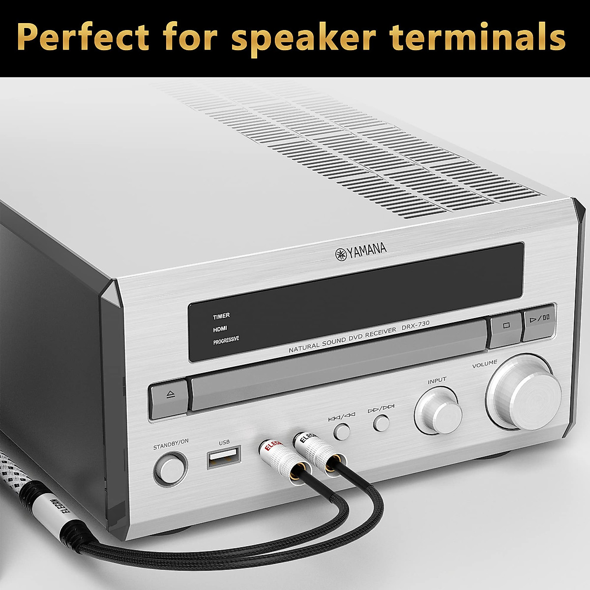 Elecan 14 AWG Speaker Cable Wire 50 Feet with Gold-Plated Banana Tip Plugs-CL2 Rated-in Wall-Heavy Duty Nylon Braided, Oxygen-Free Copper (OFC)-White-with 5 Cable Ties