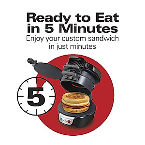 Hamilton Beach Breakfast Sandwich Maker with Egg Cooker Ring, Customize Ingredients, Perfect for English Muffins, Croissants, Mini Waffles, Black