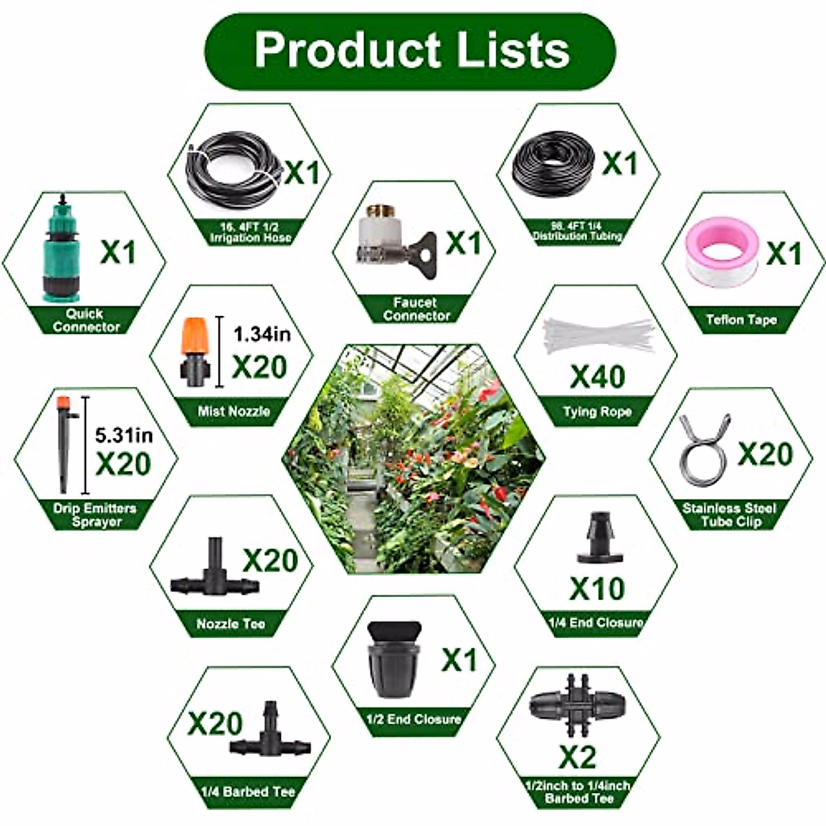 AUMIO Drip Irrigation Kit 115FT Garden Irrigation System 1/4" 1/2” Blank Distribution Tubing Watering System Adjustable Nozzle Automatic Irrigation Equipment for Greenhouse, Flower Bed, Patio, Lawn