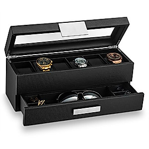 Glenor Co Watch Box with Valet Drawer for Men - 6 Slot Luxury Watch Case Display Organizer, Carbon Fiber Design -Metal Buckle for Mens Jewelry Watches, Men's Storage Holder Boxes has a Large Glass Top