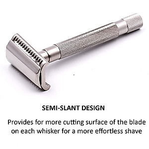 Parker THE SEMI SLANT, Double Edge Safety Razor and 5 Parker Blade Refills - Electroplated Satin Chrome Solid Brass Handle - Delivers a Barbershop Shave at Home