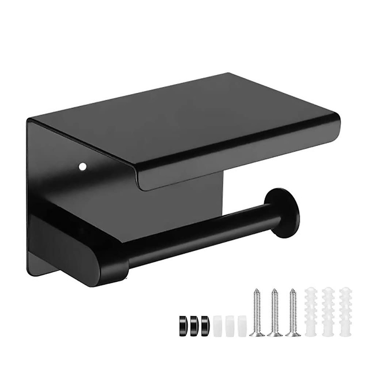 RUNAAJA Stainless Steel Toilet Paper Roll Toilet Paper Holder with Phone Shelf Adhesive Toilet Paper Holder with Shelf Stainless Steel Bathroom Tissue Roll Holder Tissue Roll Paper Dispenser (Black)