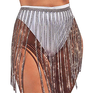 Barode Crystal Tassel Body Chains Belly Dance Skirts Rhinestones Sexy Bikini Summer Beach Hip Waist Chain Nightclub Jewelry Accessories for Women and Girls (Silver)