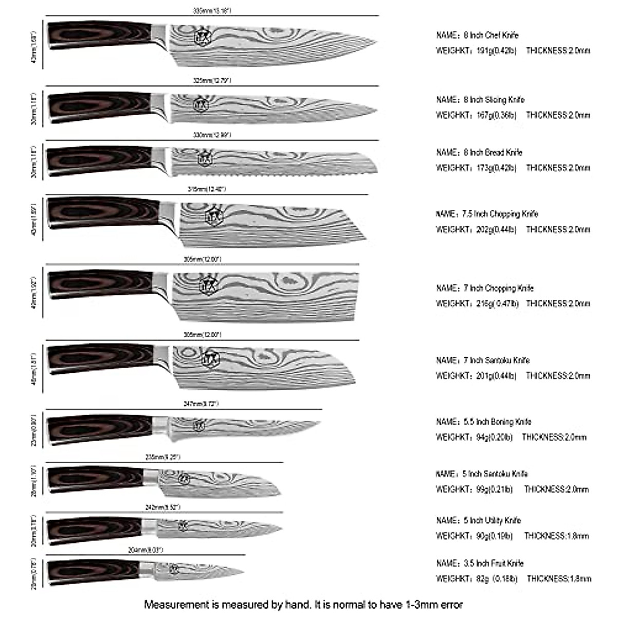 XYJ Professional Chef Knife Set Stainless Steel Kitchen Scissors Sharpener Rod Carry Bag Tools Laser Etched Sharp Blade Cleaver Santoku Knife For Cooking Cutter