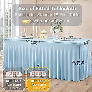 Htper Spandex Baby Blue Table Clothes for 8 Foot Rectangle Tables, Wrinkle Free Table Cloth 8ft Stretchy Tablecloths with Skirt for Parties Weddings Birthday Banquet Baby Shower, 1 Pack