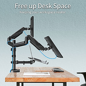 MOUNTUP Dual Monitor and Laptop Mount, Gas Spring Monitor Stand for 2 Max 27" Computer Screens, Laptop Tray Fits 10-17inch Notebook, Holds 4.4-17.6lbs Per Arm, 3-in-1 Adjustable Monitor Desk Mount