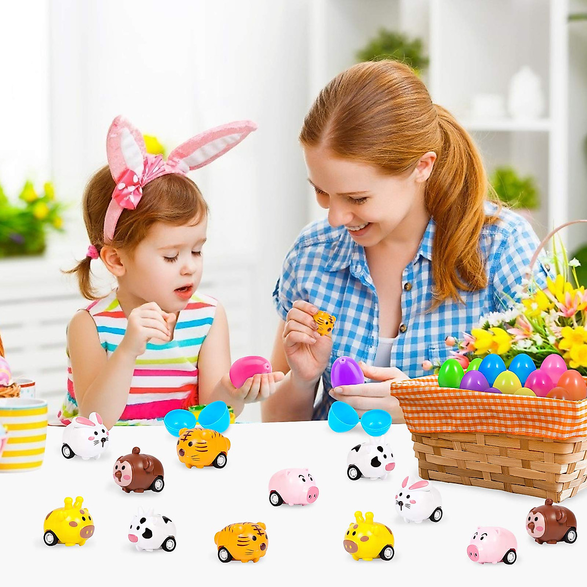 Evoio 12 Pack Easter Eggs Prefilled with Pull Back Cars, Mini Little Vehicles Car Toys for Easter Party Favors, Easter Basket Stuffers, Easter Egg Pinata Fillers, Goodie Bags Fillers, Classroom Prizes