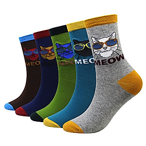 Wish Island Men's 5 Packs Animal Socks Cat Gifts Cute Fun Crazy Cotton Casual Crew Socks (Cat)