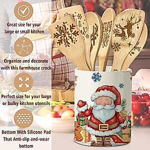 Christmas Utensil Holder Ceramic with 6 PCS Cooking Utensil, Christmas Women Gifts Santa Claus Cooking Utensil Crock Holder for Kitchen Counter Decorations Countertop Spatula Utensil Storage Organizer