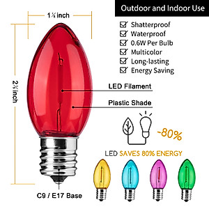 Brightown 25 Pack C9 LED Christmas Light Bulbs, Colored C9 Shatterproof LED Bulbs Replacement for Christmas String Lights, E17 Intermediate Base, Commercial Dimmable Holiday Christmas Bulbs