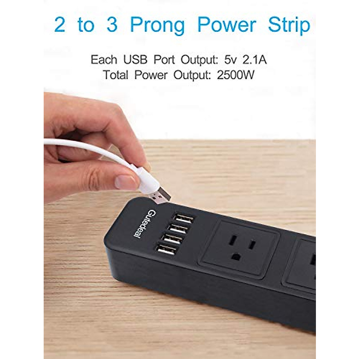 Power Strip 2 Prong, Surge Protector 2 Prong with 3AC Outlets and 4 USB Charging Ports, 6.6ft Long 2 Prong to 3 Prong Extension Cord for Smartphone Home Office Desktop, Black