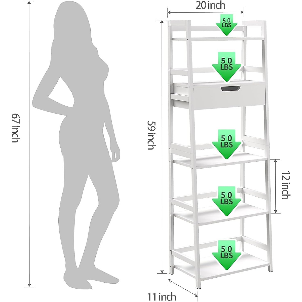Bookshelf with Drawer, 5 Tiers Bamboo Bookcase Book Shelf Storage Organizer Modern ladder Shelf Display Stand Shelving Unit Tall Book Shelf Corner Rack for Home Office,Living Room,Kitchen,Bedroom,Toy
